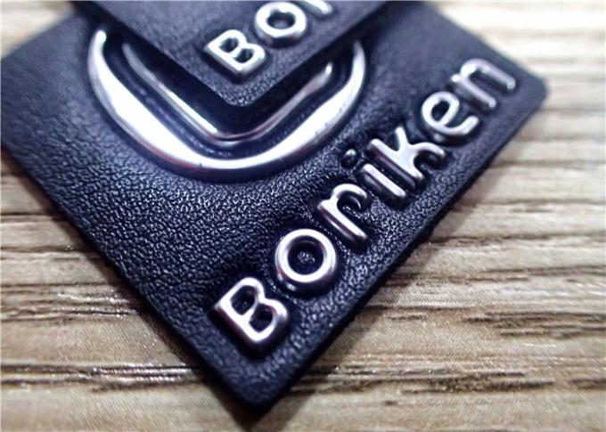 Black Embossed Leather Patches With Silver Embossment TPU Logo For Bags